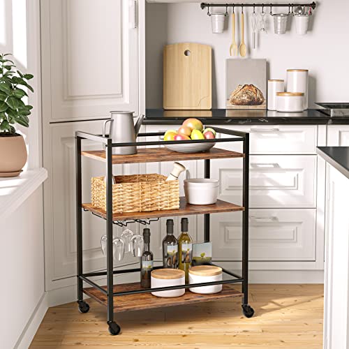 HOOBRO Bar Cart for The Home, Serving Cart with Wine Glass Hooks, Rolling Kitchen Cart with Lockable Wheels, 25.2 x 15.7 x 33.3 Inches Beverage Cart with Storage Shelves, Rustic Brown BF02TC01