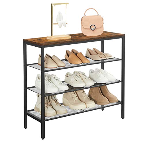 VASAGLE 4-Tier Shoe Rack, Freestanding Storage Organizer, Mesh Shelves, Space-Saving in the Entryway, Industrial, Rustic Brown + Black