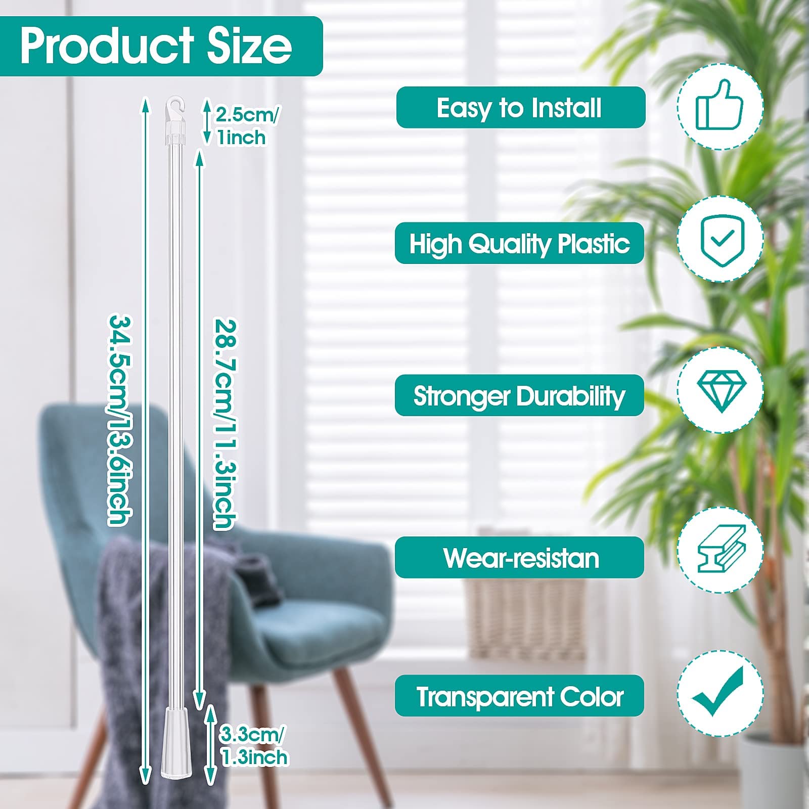 12 Inches Blind Wand Vertical Blinds Replacement Parts Blind Stick Tilt Rod with Hooks and Grips Clear Plastic Blind Opener Long Window Rod for Vertical & Wood & Cordless Blinds(2 Sets)