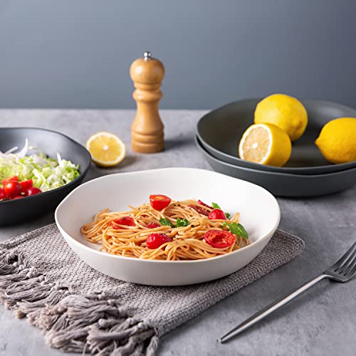AmorArc 9.75 inch Stoneware Flat Pasta Bowls, 38oz Large Wide Bowls Set of 4 for Kitchen, Microwave Safe Bowls with Wavy Rim for Pasta Salad, Matte White
