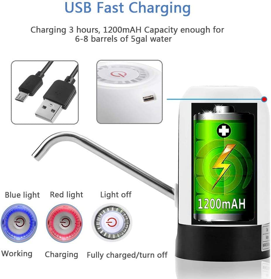 Electric Drinking Water Bottle Pump, USB Charging Automatic Drinking Water Dispenser, 5 Gallon Water Pump Dispenser, Portable Water Jug Pump for Universal 2-5 Gallon Bottle, for Home, Office, Travel