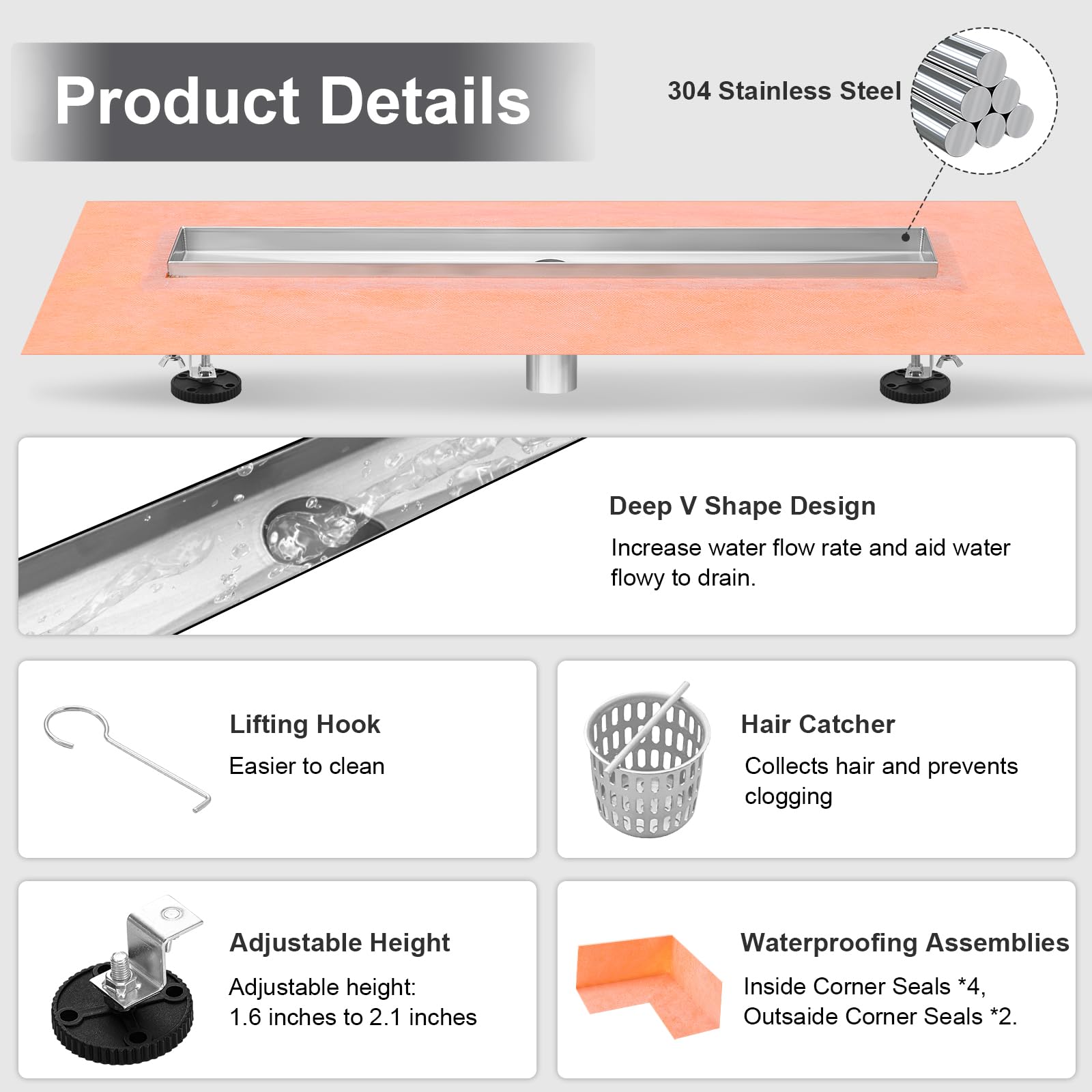 24 Inch Linear Drain Compatible with Schluter Systems Kerdi-Line with Hair Catcher 304 Stainless Steel Channel Body Shower Drain