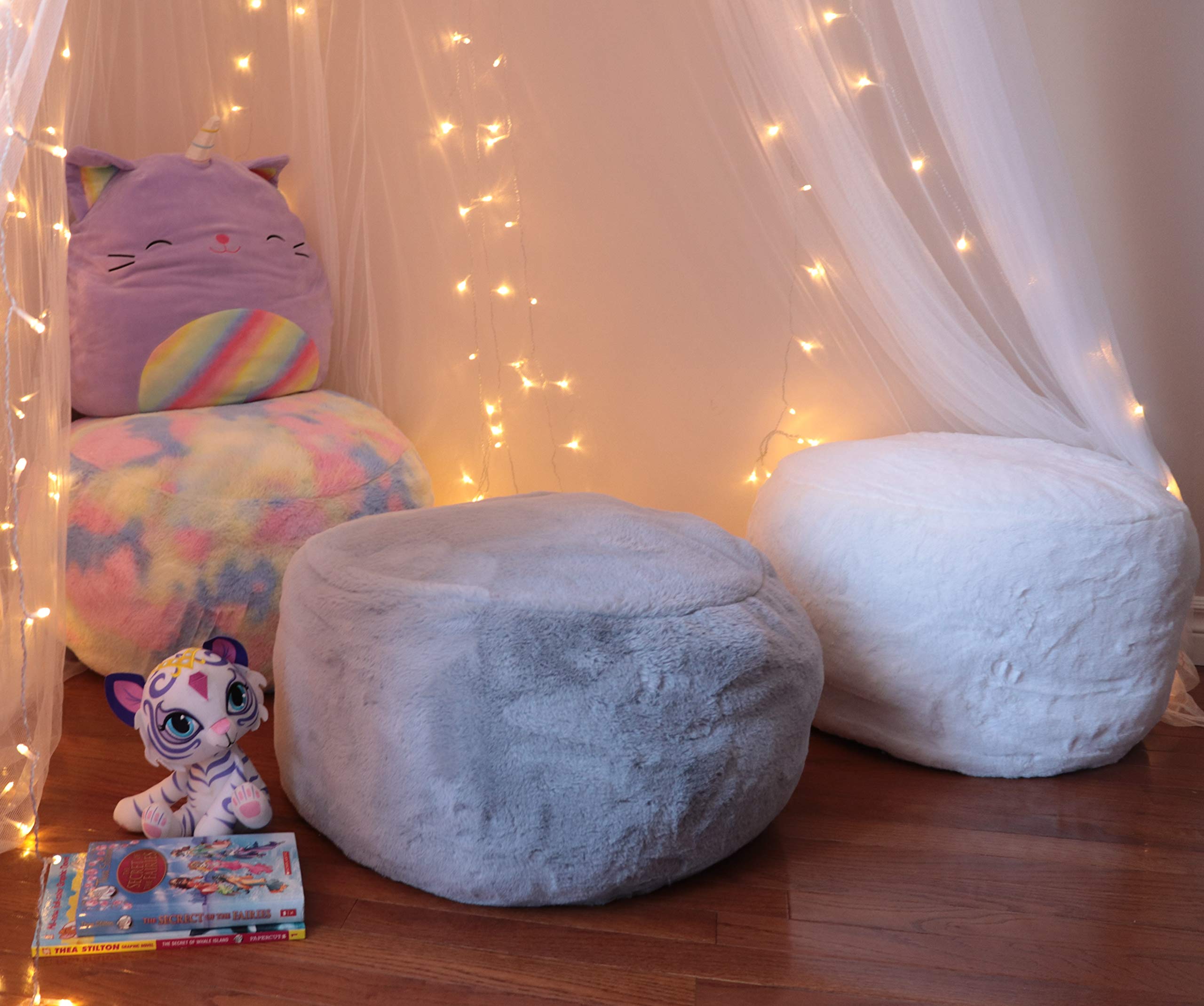 MiniOwls Plush Toy Storage Bean Bag (Unfilled) β Light Bunny Gray Faux Furry Ottoman β Sensory Soft Teddy Bear Organizer with a Zipper. Pouf 20x20x15 inch. (Light Grey, Medium)