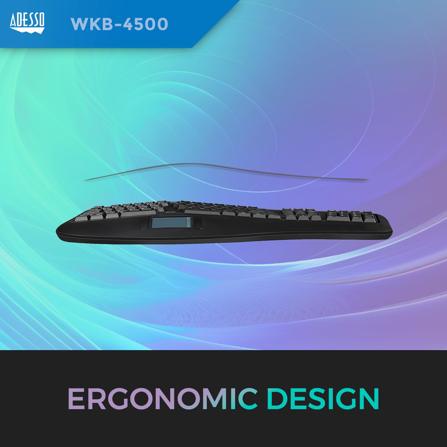 Adesso WKB-4500UB - Wireless Ergonomic Desktop Touchpad Keyboard, Split Keys Design, Palm Rest, Media Control Hotkeys, Long Battery Life - Compatible for Laptop/Desktop, Black