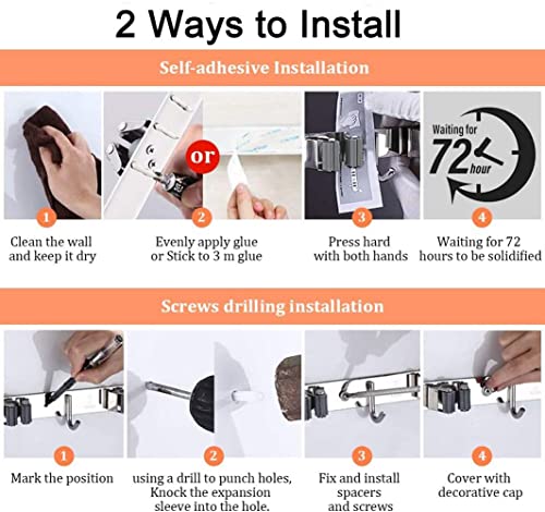 Bosszi Mop and Broom Holder, 4 Positions 5 Hooks Heavy Duty Mop Hanger Wall Mounted Stainless Steel Organizer for Home Laundry Bathroom, Garage Storage Systems Utility Tools Rack
