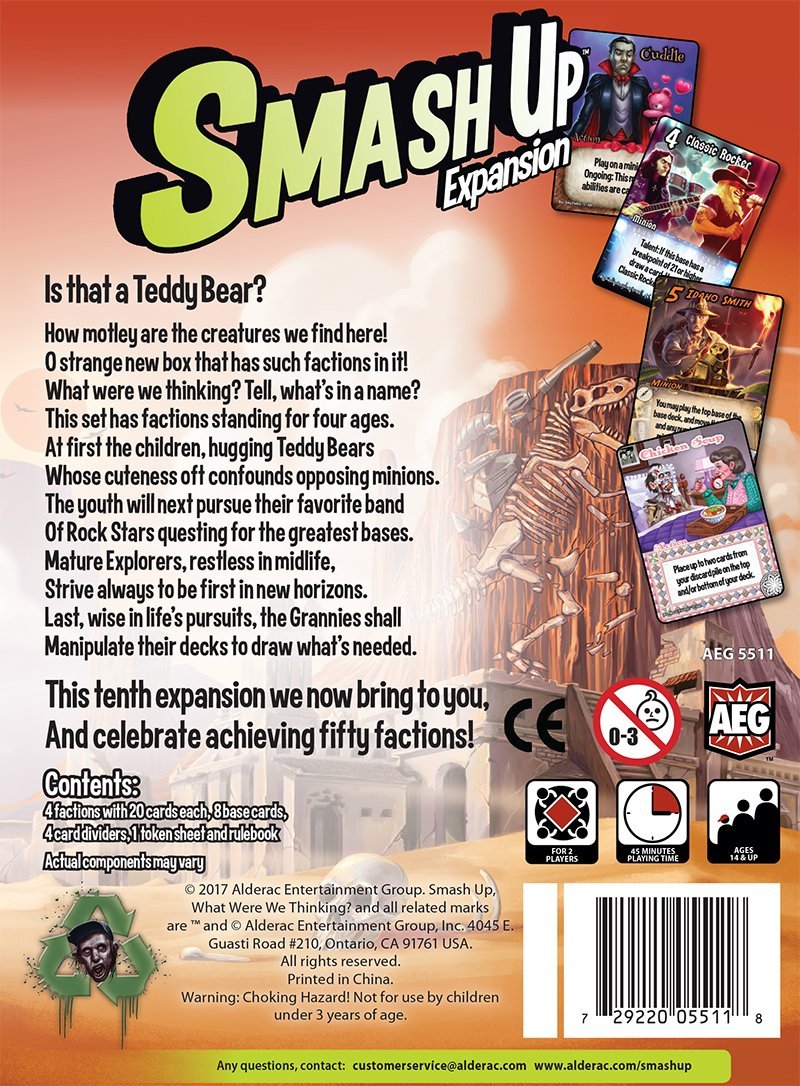 AEG Smash Up: What were We Thinking? Expansion | Action-Packed Card Game | Explorers, Grannies, Rock Stars, Teddy Bears | 2-4 Players | Ages 14+