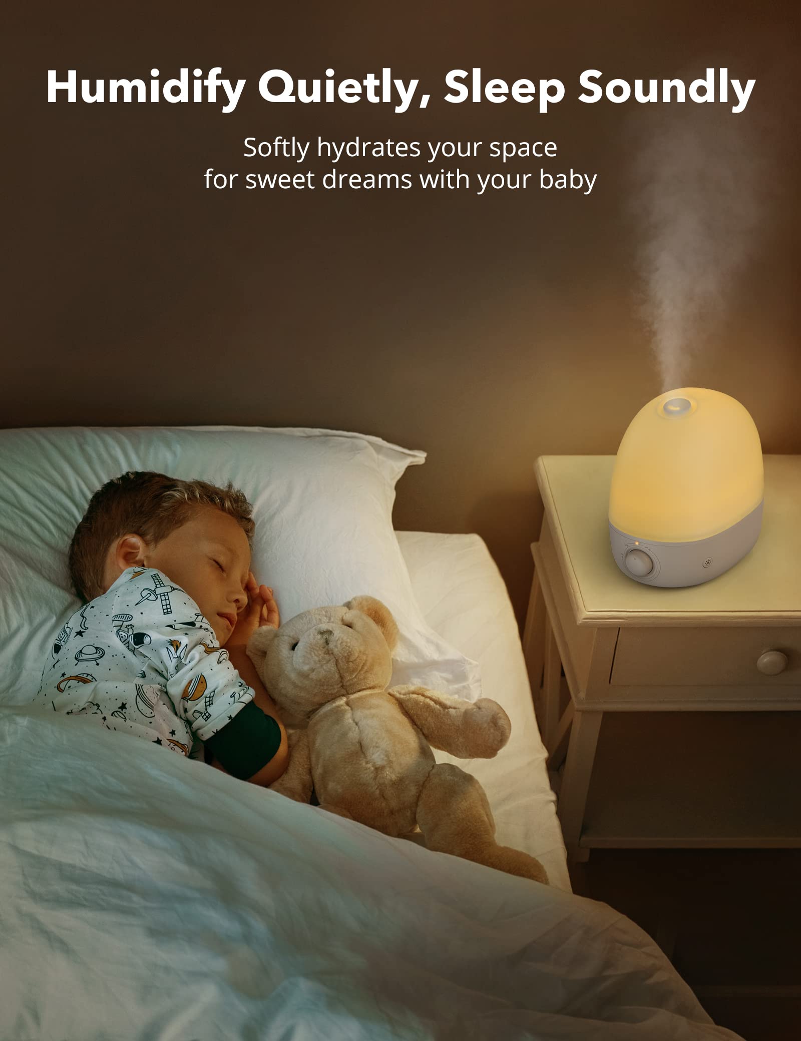 2.5 L Small Humidifiers for Bedroom Kids, Nursery, 26dB Quiet Ultrasonic Cool Mist Humidifiers for Baby, 3-IN-1 Air Humidifier with Essential Oils, Easy Clean, Night Light, Plant, Auto Shut-Off, 30H