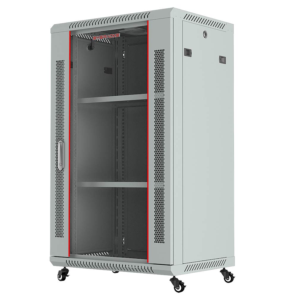 18U Wall Mount Gray IT Network Server Rack Cabinet Enclosure 24 Inch Depth-2 Shelves-8-Way PDU-Fan-Casters-Hardware