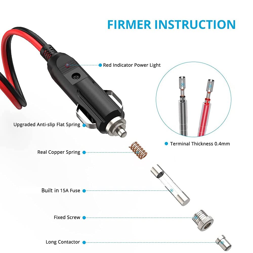 2 Pack 12V Fused Replacement Cigarette Lighter Male Plug - Wekttznol Male Cigarette Lighter Plug Adapter - with Leads &LED Light &1FT 16AWG Extension Cable with 15A Fuse (2 Pack)