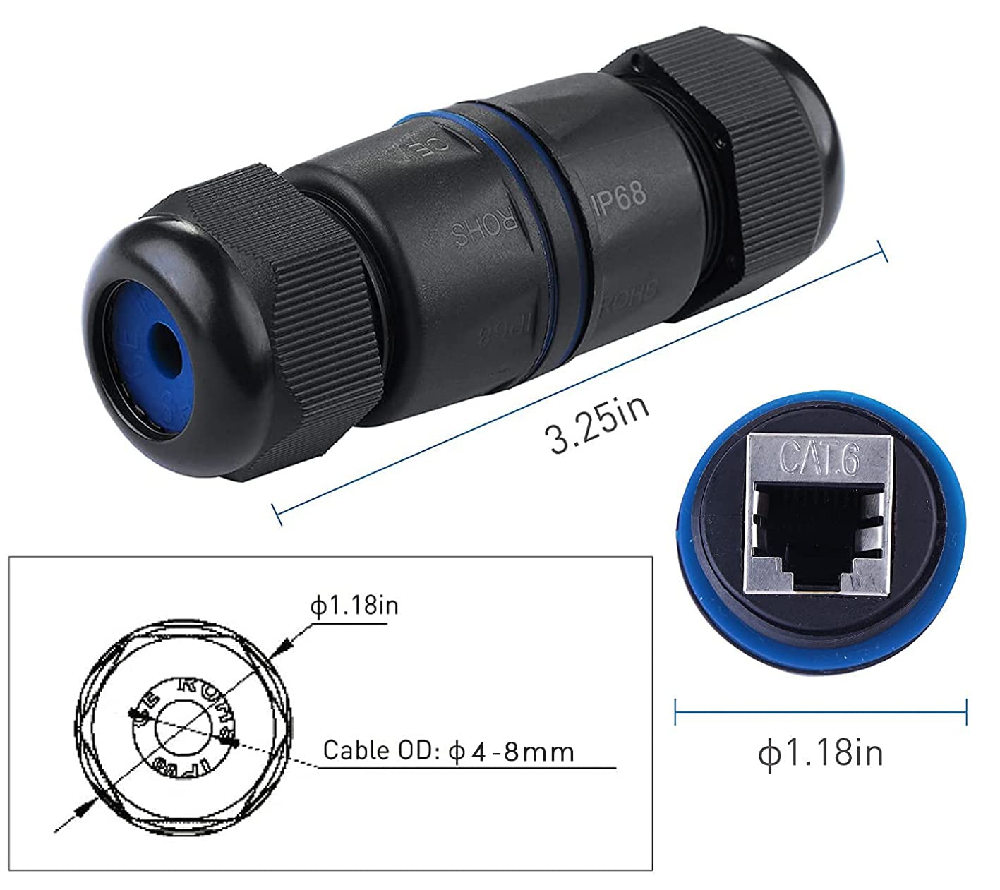 Tedgetal Waterproof RJ45 Connector 2 Pack IP68 Cat6/Cat5E/Cat5 Coupler Shielded for Outdoor Ethernet LAN Cable Extender Female to Female