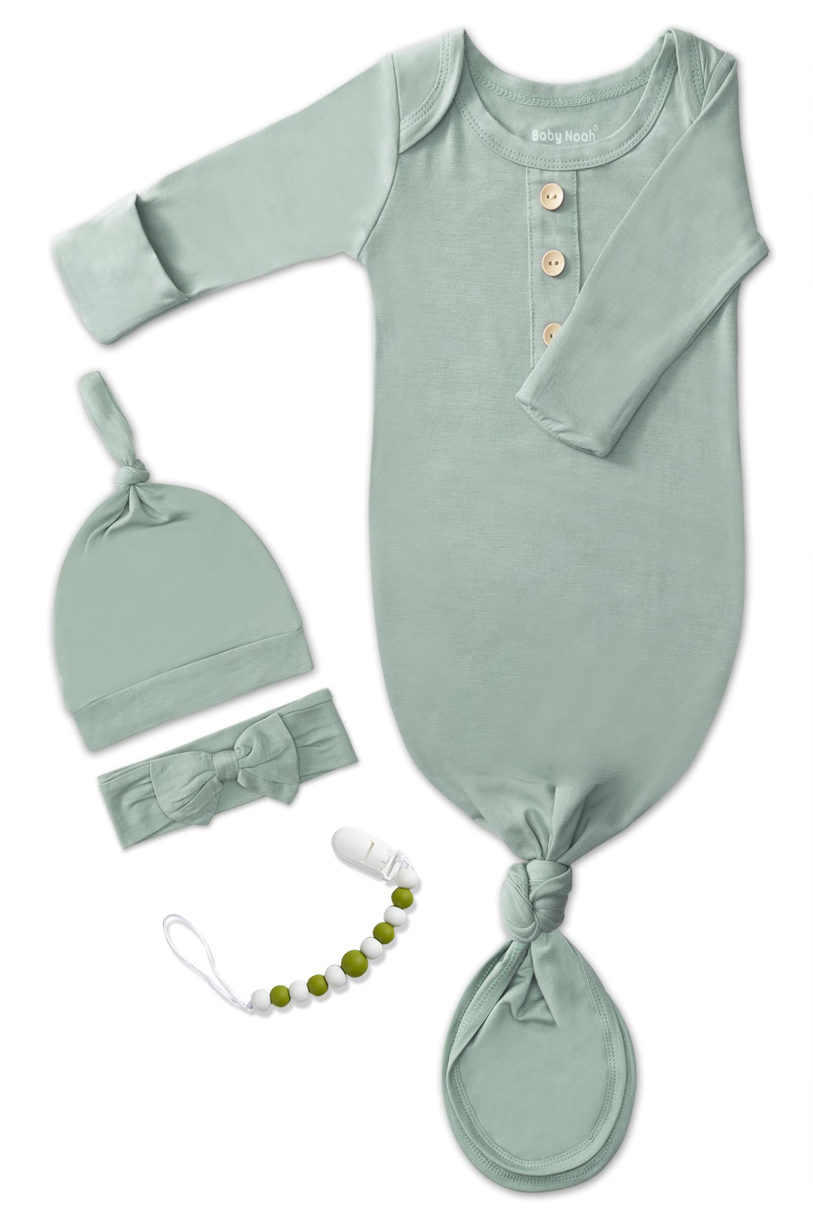 Newborn Baby Knotted Gown, Super Soft Silky Infant Sleeper, Baby Girl Sleep Gown with Mittens, Bow, Clip and Hat Set