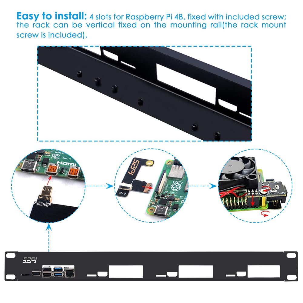 GeeekPi 1U Rack Mount for Raspberry Pi 4, 19" 1U Rackmount Supports 1-4 Units with 4pcs Fans, Aluminum Heatsinks, Micro HDMI Boards, TF Card to FPC Boards for Raspberry Pi 4B