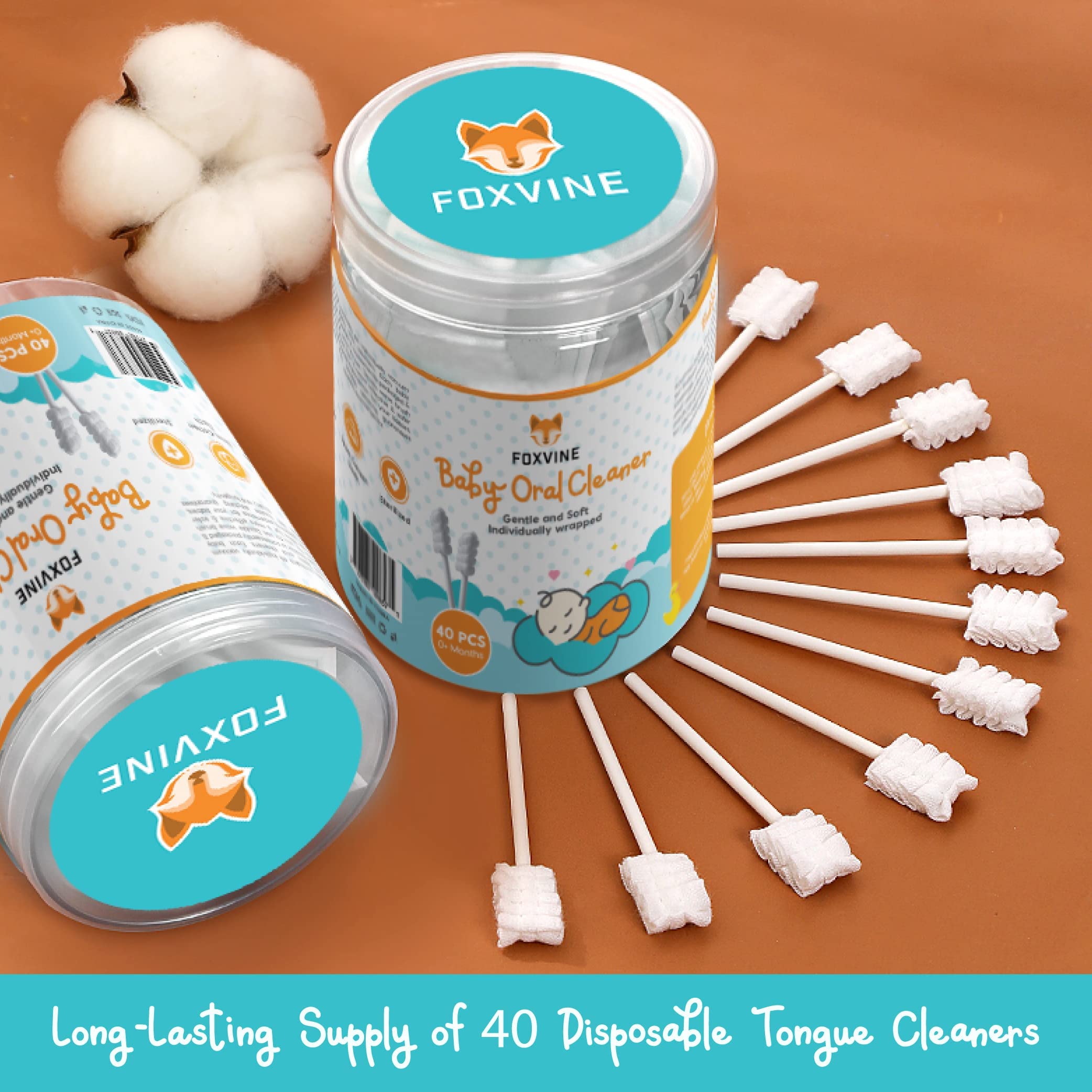 EcoFox Baby Tongue Cleaner [40 Pack] Individually Wrapped & Disposable | Infant & Newborn Babies | Soft Gauze Toothbrush with Paper Handle | Sterilized & Medical Grade Soft Gauze | 0-2 Years Old