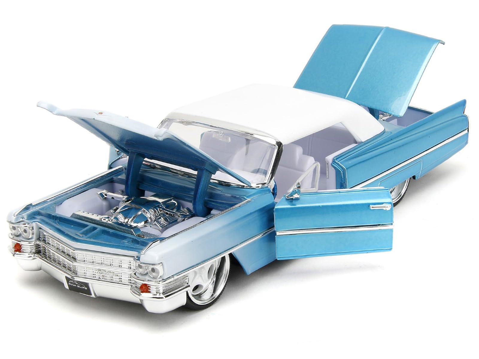 1963 Coupe DeVille Blue Metallic and White Gradient with White Top and Interior Pink Slips Series 1/24 Diecast Model Car by Jada 34897