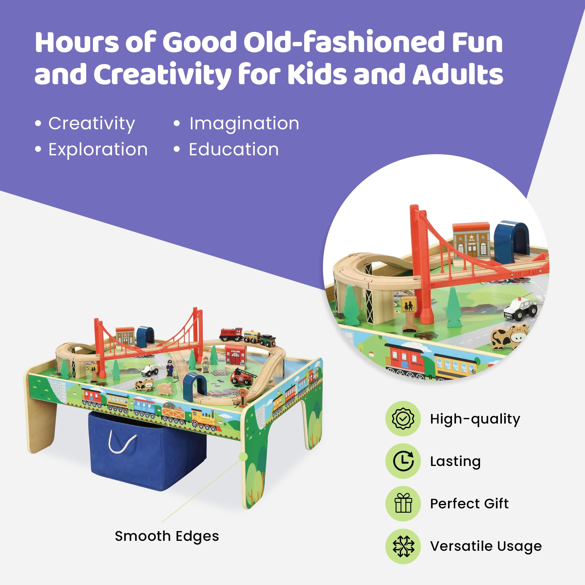 50 Piece Wooden Train Set with Activity Table & Storage Bin - 100% Hardwood Track, Engine, Oil Tanker, Caboose, Fire Engine, Station, Policeman, Farm Animals. Compatible with All Major Brands