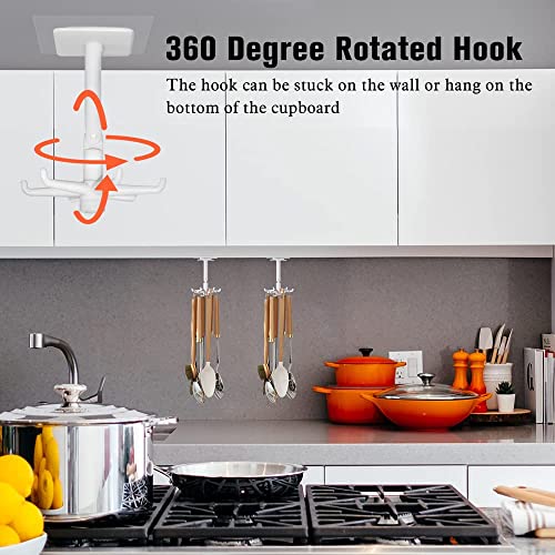 6 Pack Heavy Duty Under Cabinet Utensil Holder Hanger Hook, 360 Degrees Rotating Folding Hook Self Adhesive Hook Utensil Rack with 6 Hooks for Bathroom, Kitchen and Home (White)