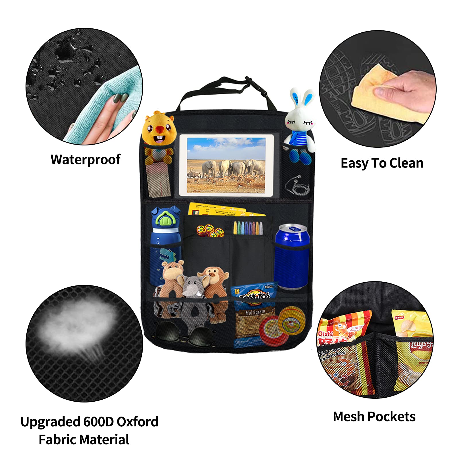 Ecurfu Backseat Car Organizer, Back Seat Protectors Kick Mats, Car Storage Bag with iPad Tablet Holder + 9 Storage Pockets for Kids Toddlers, Travel Accessories (1PC)