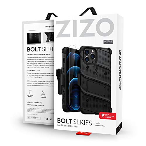 ZIZO Bolt Series for iPhone 12 Pro Max Case with Screen Protector Kickstand Holster Lanyard - Black