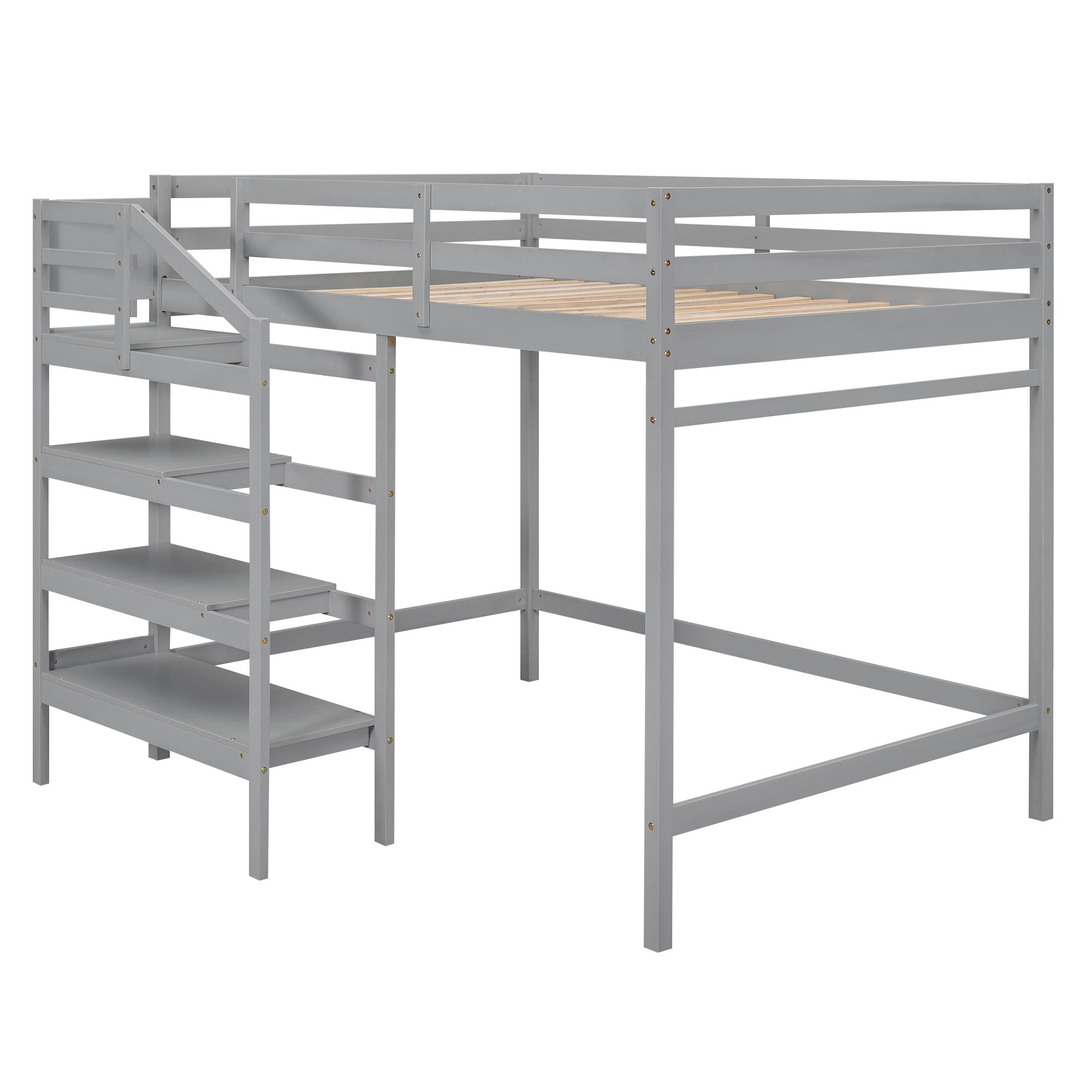 SOFTSEA Full Size Loft Bed with Hanger Wood Loft Bed with Stairs for Kids Adults