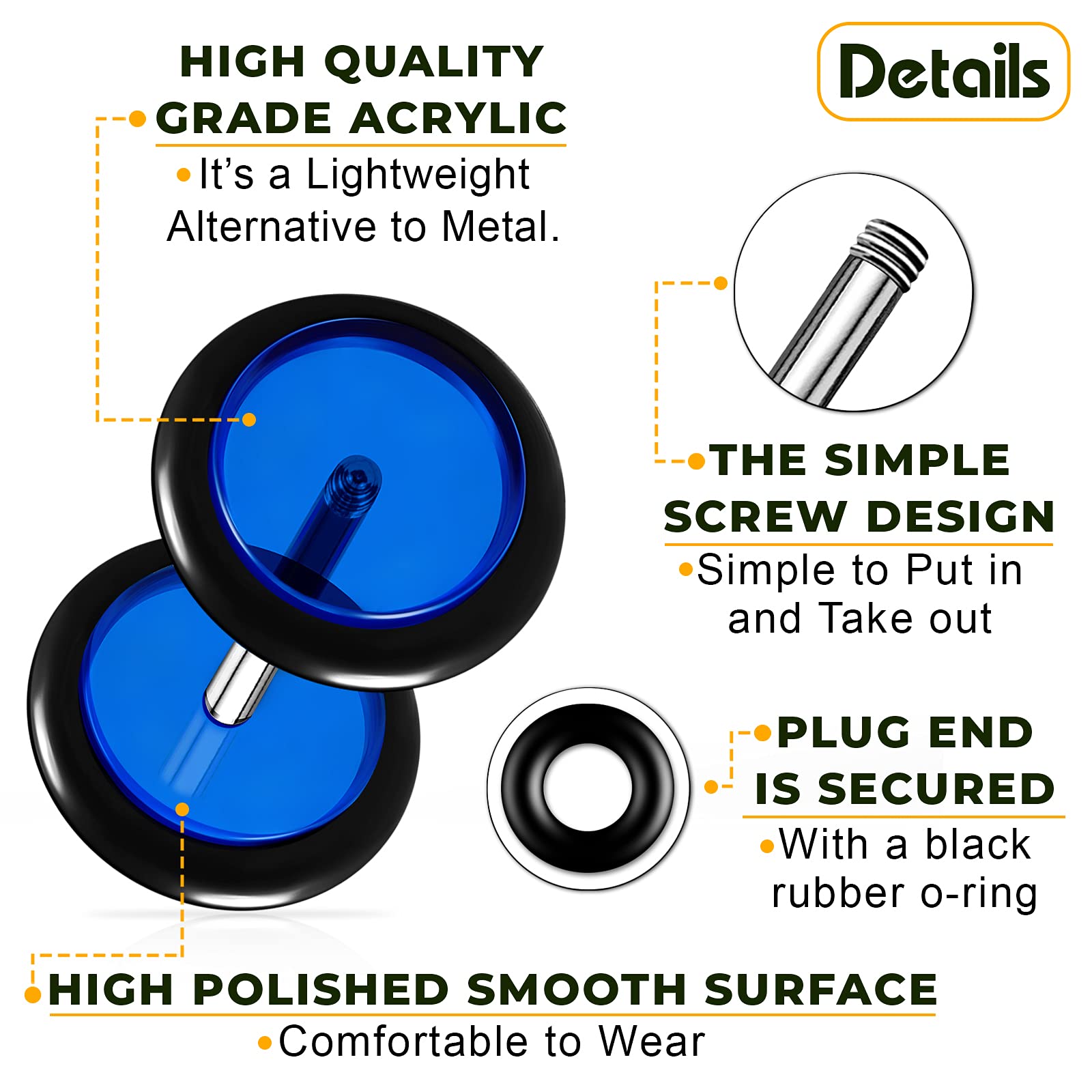 2 Pairs Clear Acrylic 16gauges 1.2mm 8mm Fake Glow in the dark O Ring Plugs Piercing Illusion Earring Cheater Ear Lobe BG8195