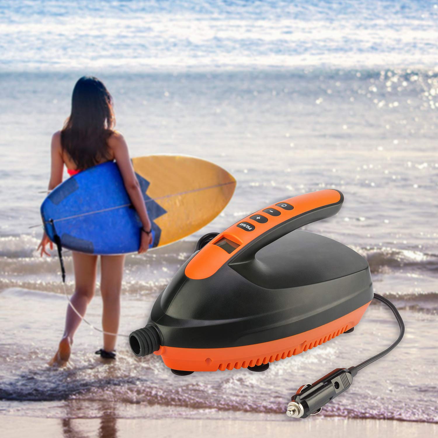 16PSI Max SUP Air Pump Electric - 12V DC Car Connector, Smart Dual Stage Inflation & Auto-Off, Digital Adjustable LCD Function, SUP Pump for Inflatable Stand Up Paddle Boards, Boats, Kayak