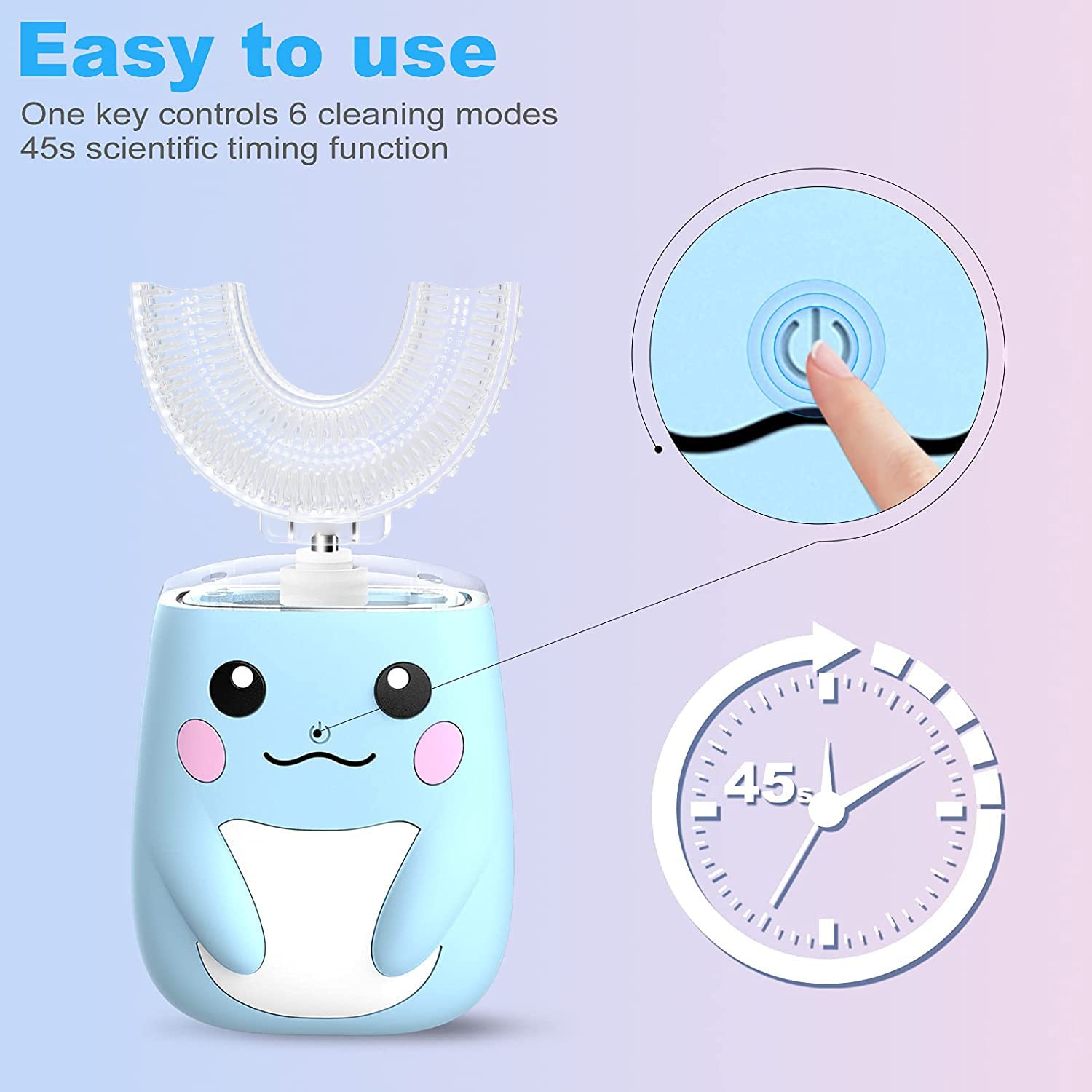 Kids Electric Toothbrush, U Shaped Ultrasonic Automatic Tooth Brush,Toothbrush with 2 Brush Heads,Six Cleaning Modes,IPX7 Waterproof,Cartoon Modeling Design for Toddler Children, Age 2-7 Blue¡