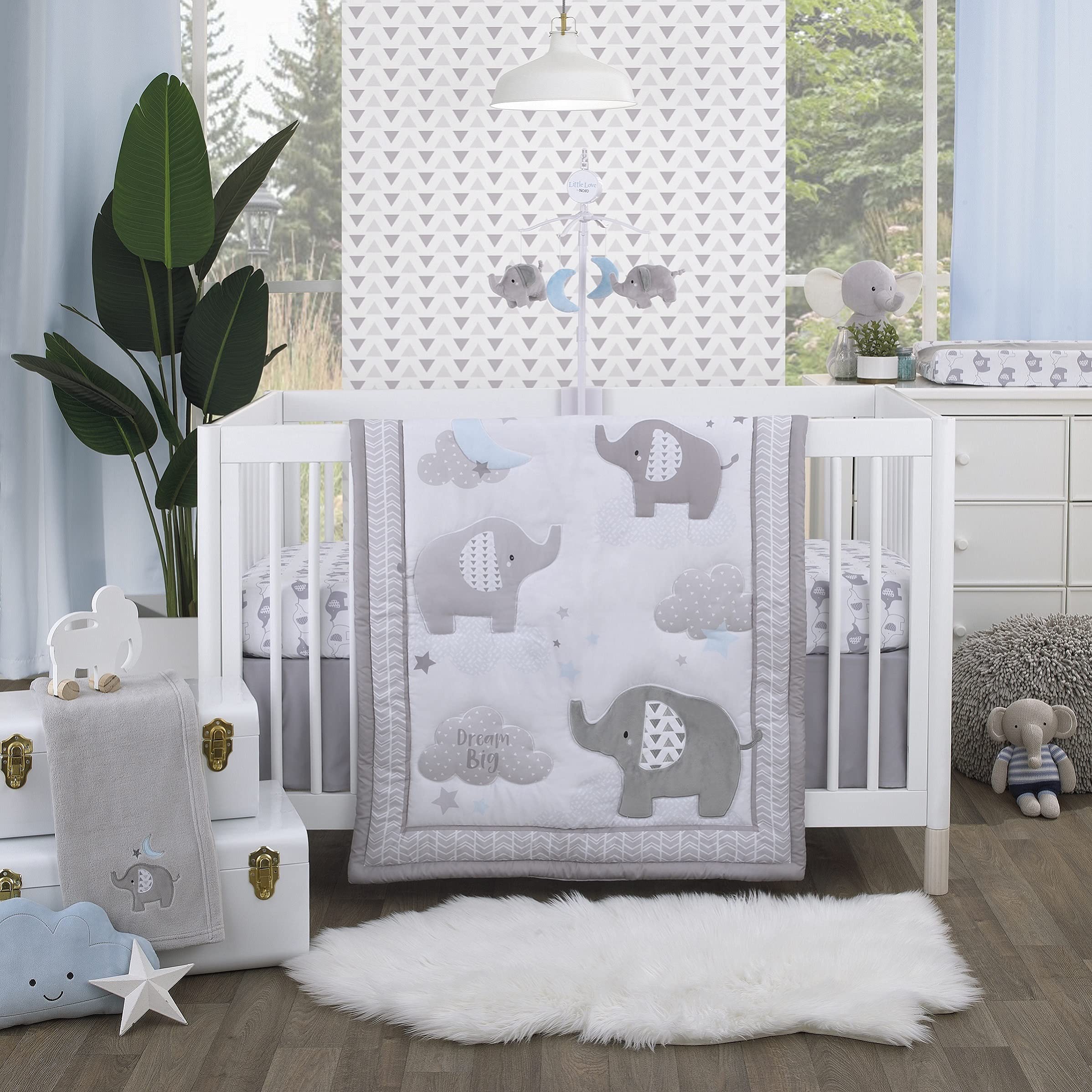 NoJo Little Love Elephant Stroll Gray and Blue Moon Musical Mobile
