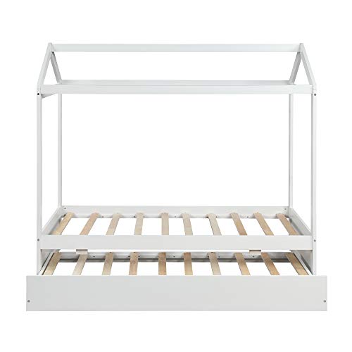 House Bed with Trundle for Kids and Toddlers, Wood Twin Size House Bed Frame, Can Be Decorated, White