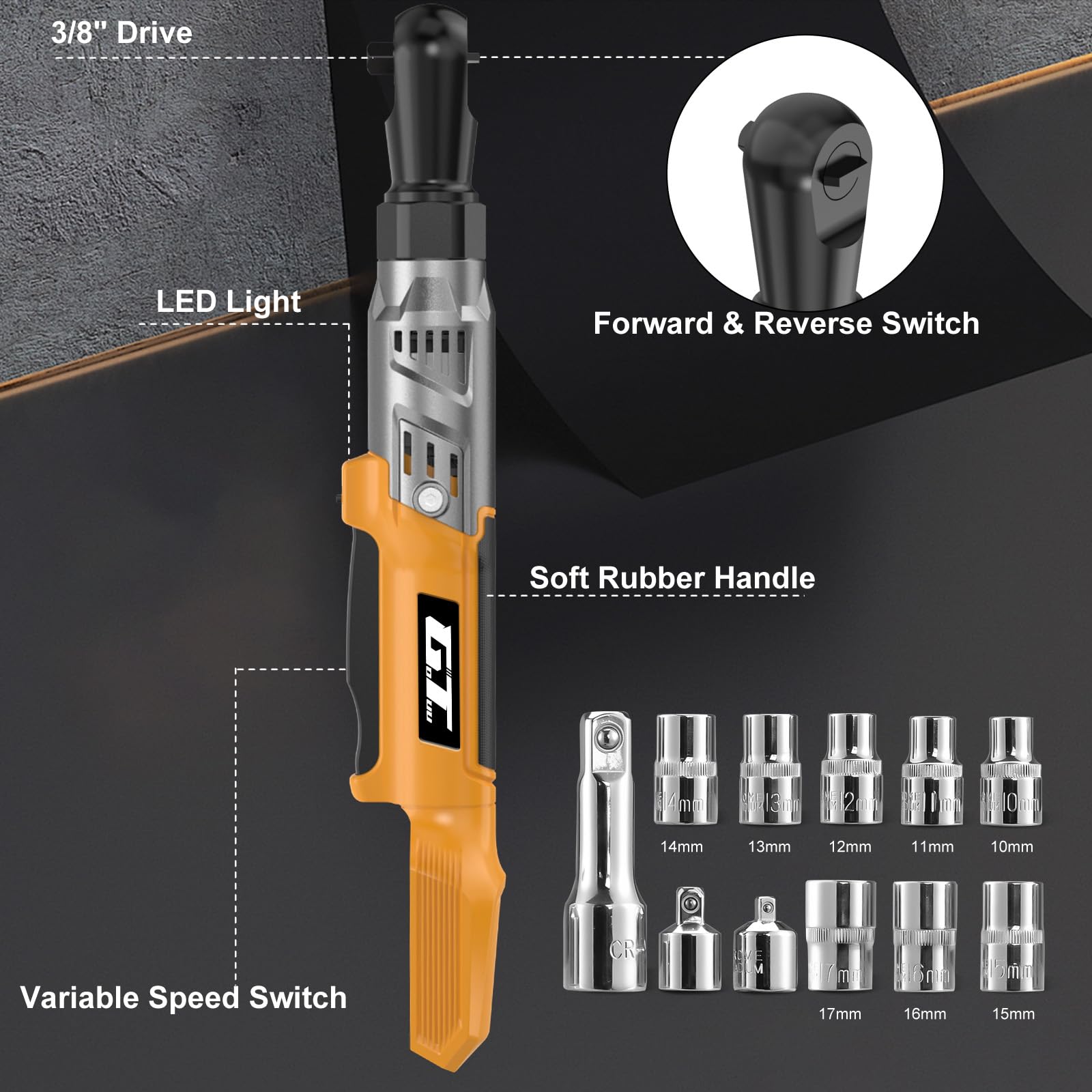 3/8" Cordless Ratchet Wrench, Compatible with DEWALT 20V MAX Battery, 74Ft-Lbs Power Electric Ratchet Tool Kit, 1/2" & 1/4" Adapters, 3" Extension Bar (Tool Only)