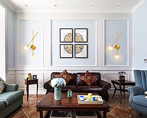 BAODEN Modern 2 Lights Globe Wall Sconce Industrial Wall Lamp with G4 Bulb Mid Century Rotatable Light Fixture Brushed Brass Finished with White Globe Glass Lampshade (Gold Color)