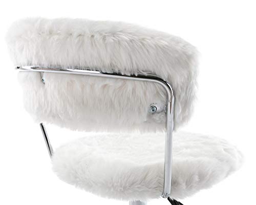 White Home Office Chair Cute Fluffy Vanity Chair with Back Task Upholstered Fur Armless Swivel Desk Chair for Study Room, Height Adjustable