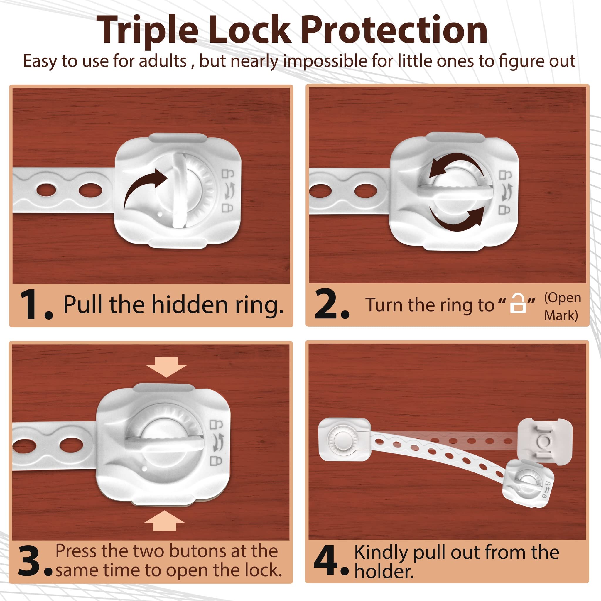 12 Pack Baby Proof Child Safety Strap Locks-Adjustable Child Locks For Cabinets With 6 Extra 3M Adhesives-Cabinet Locks For Babies With Triple Lock Protection-Child Proof Cabinet Latches For Drawers.