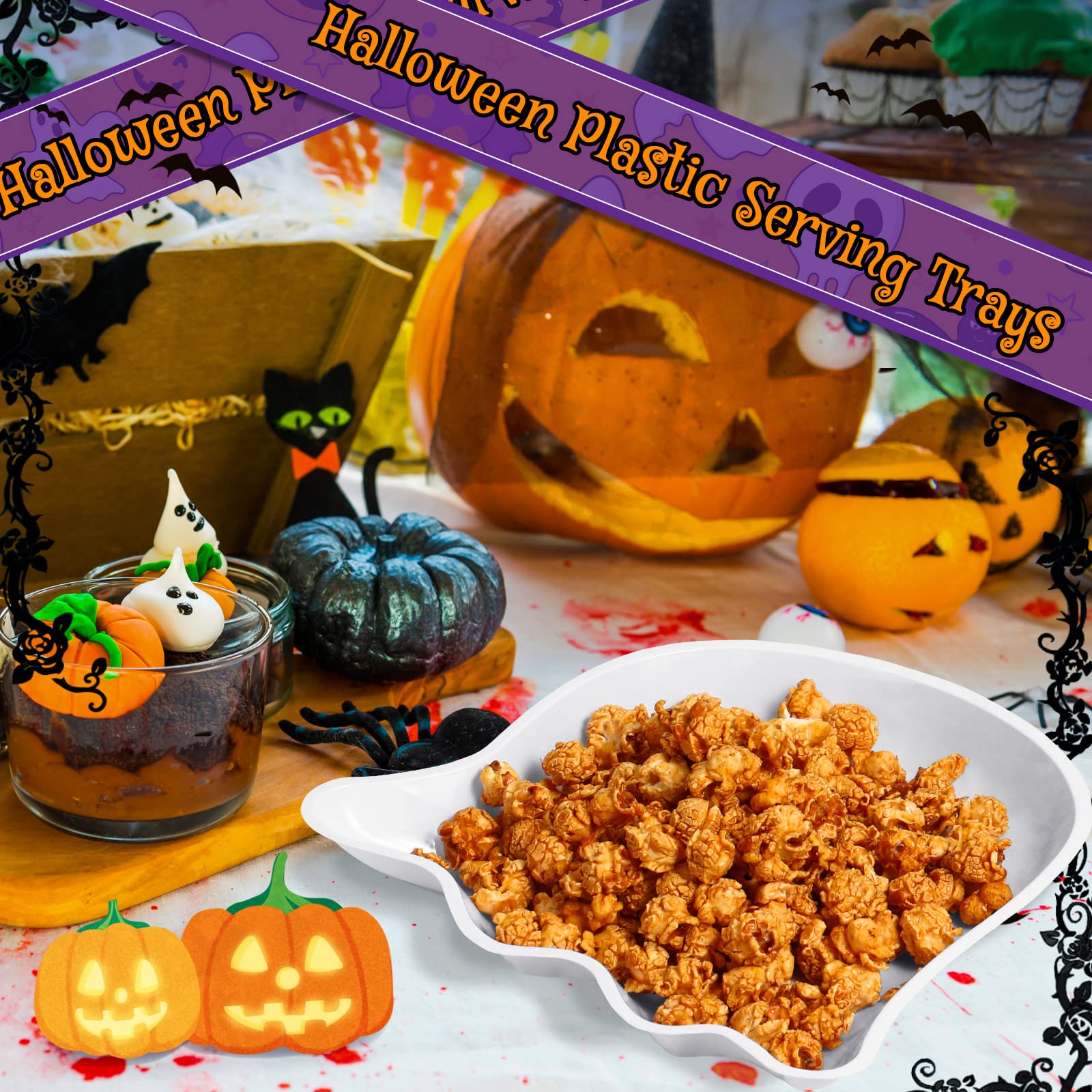 24 Pieces Halloween Party Serving Trays, Plastic Orange Pumpkin Black Cat White Ghost Plates Halloween Party Tableware Party Supplies for Halloween Party Decorations(Ghost)