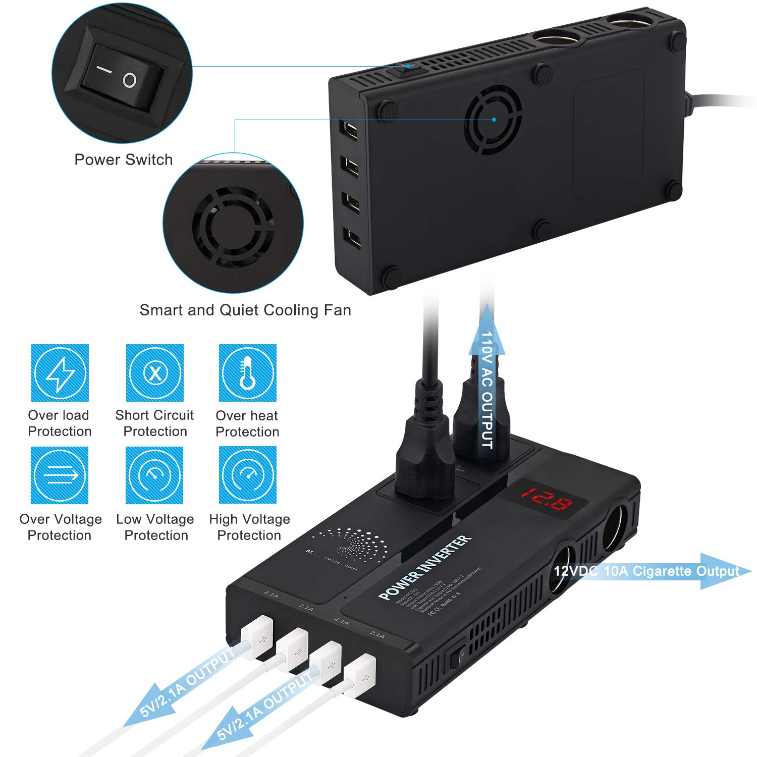 150W Car Power Inverter DC AC Converter 12V to 110V with Four 2.1A Quick Charging USB Charger Adapter, Two 12V Car Cigarette Lighter and Two 115V Outlets