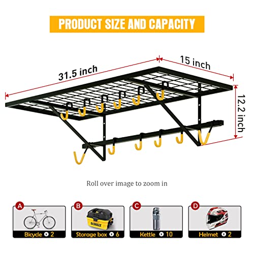 BMJX US Garage Shelves Garage Storage with Two Large Bike Hooks and 8 Small Hooks 31x15.5inch Powder Coated Steel Wall Frame Garage Organization(1 Pack)
