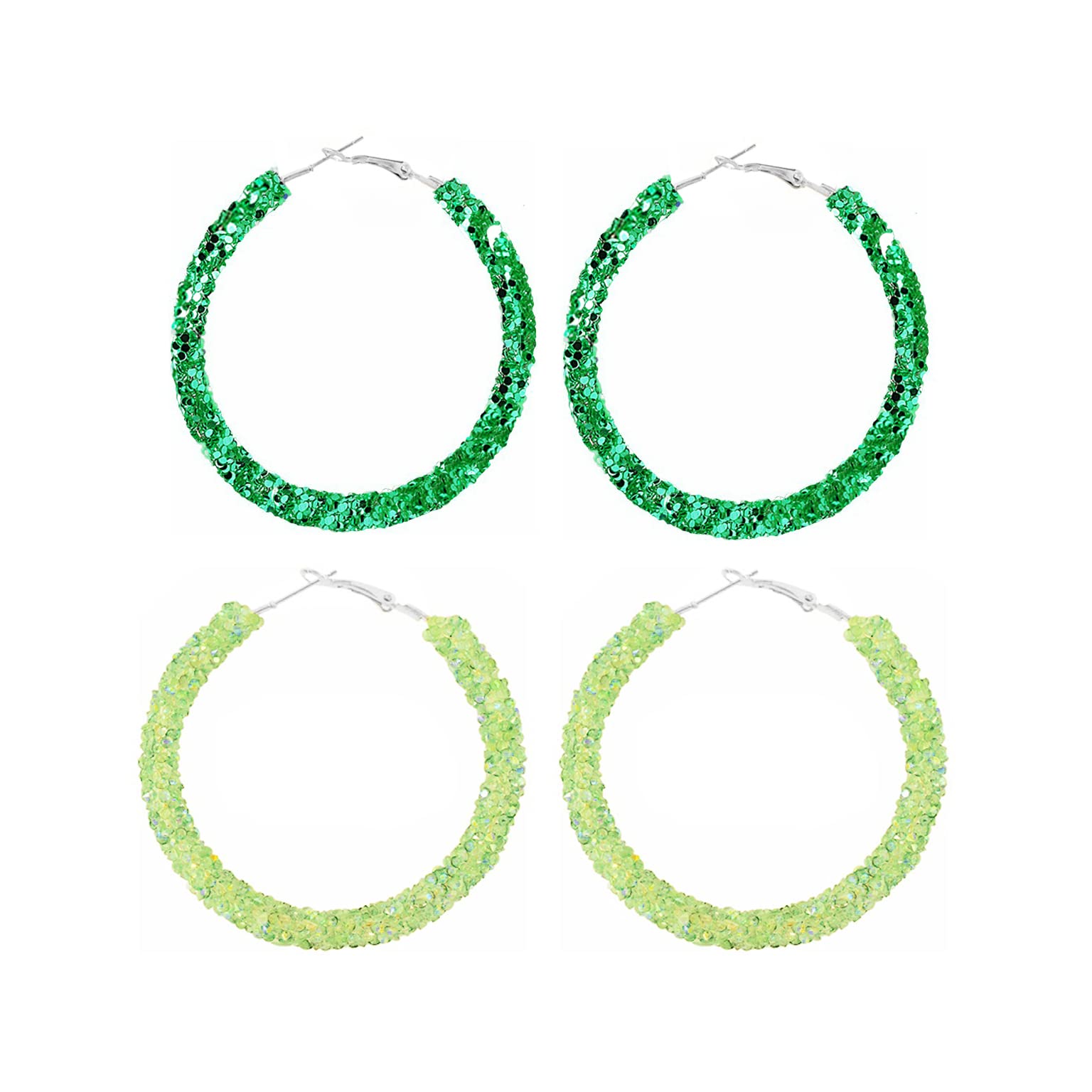 2 Pairs Glitter Sequins Hoop Earrings for Women Bohemian Circle Round Sparkle Rhinestone Crystal Wrapped Big Hoop Dangle Earrings Geometry Jewelry-green