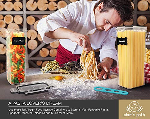 Chef's Path Airtight Food Storage Containers (Set of 4, 2.8L) - Tall Pasta Storage Containers for Pantry & Kitchen Organization, Spaghetti, Noodles, Cereal - Lids, Noodle Measure and Reusable Labels Included