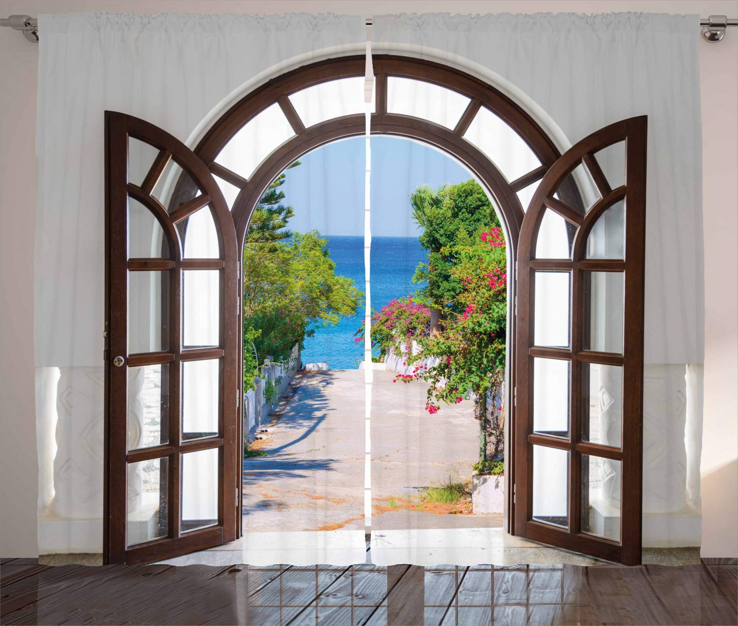 Ambesonne Beach Curtains, Ocean Sea View from Summer Season Italian Design in Garden Image, Living Room Bedroom Window Drapes 2 Panel Set, 108 X 63, Blue White