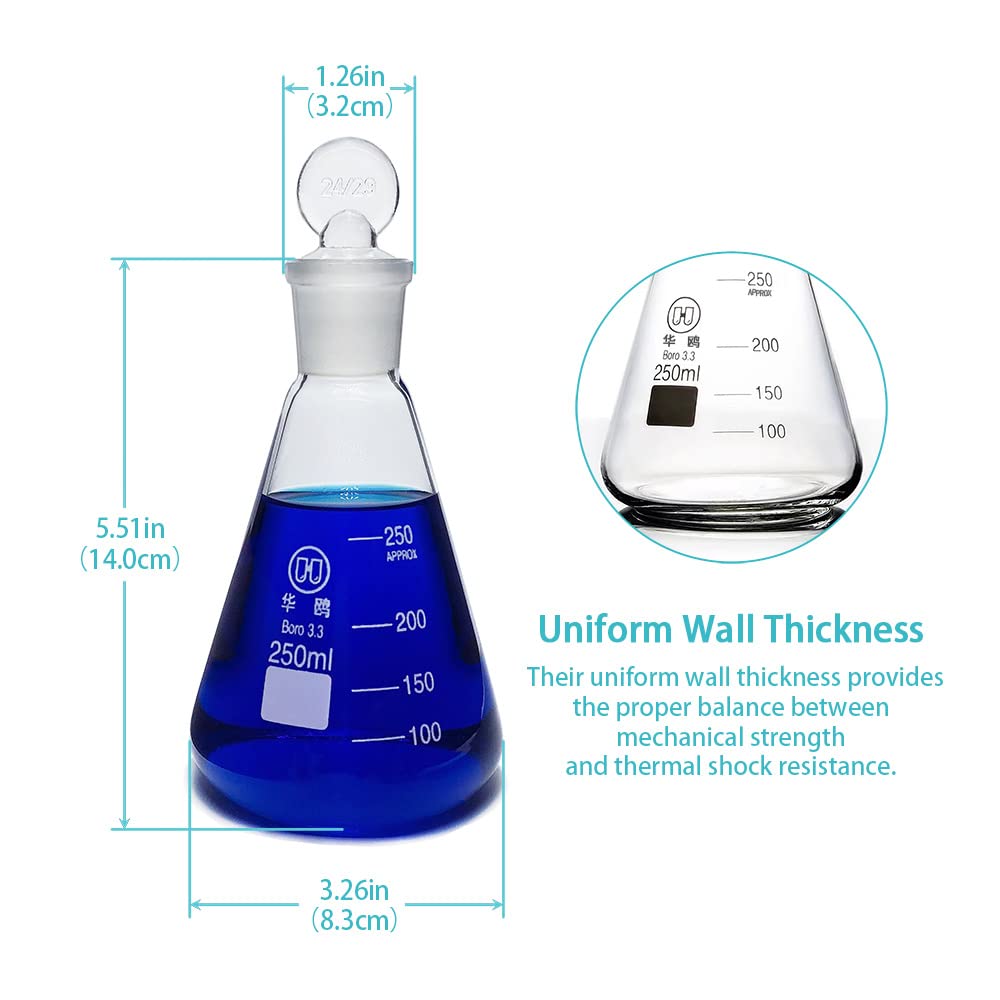 HUAOU 3pcs Glass Erlenmeyer Flask Set, 50ml 150ml 250ml Laboratory Flask with Stopper, Lab Chemistry 3.3 Borosilicate, Narrow Mouth, Printed Graduation, Conical Flask with Cleaning Brush