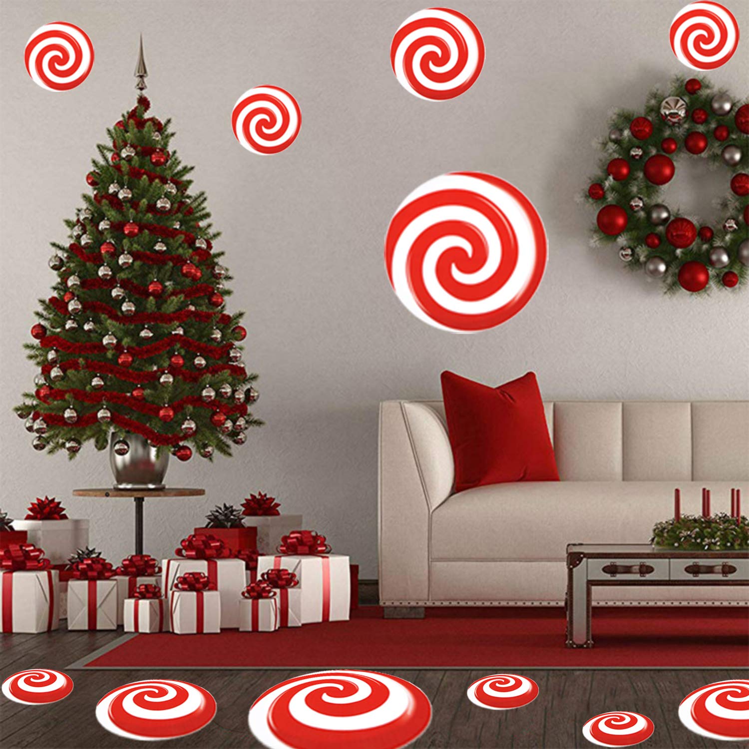 24 PCS Peppermint Floor Decals Stickers-3 Sizes Self-Adhesive Design Christmas Candy Stickers,Floor Window Clings for Christmas Valentine's Day Candy Party Decorations