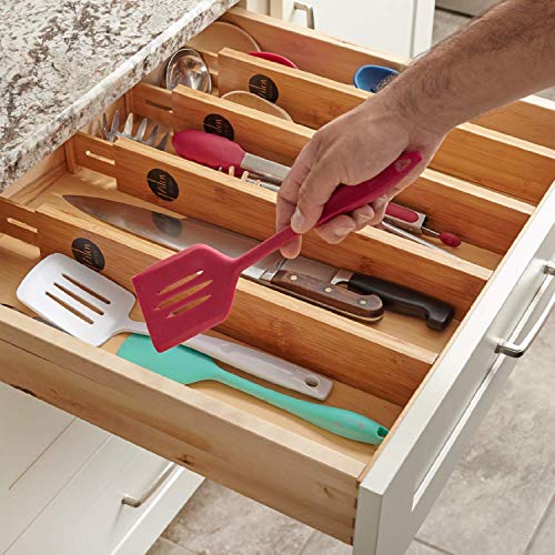 Milov Home Organizer for Kitchen Drawers - Spring Loaded Bamboo Dividers from 17.5" to 21.5" - Expandable Drawer Divider For Kitchen, Bedroom, Office - Set of 4 - No Assembly - Stackable