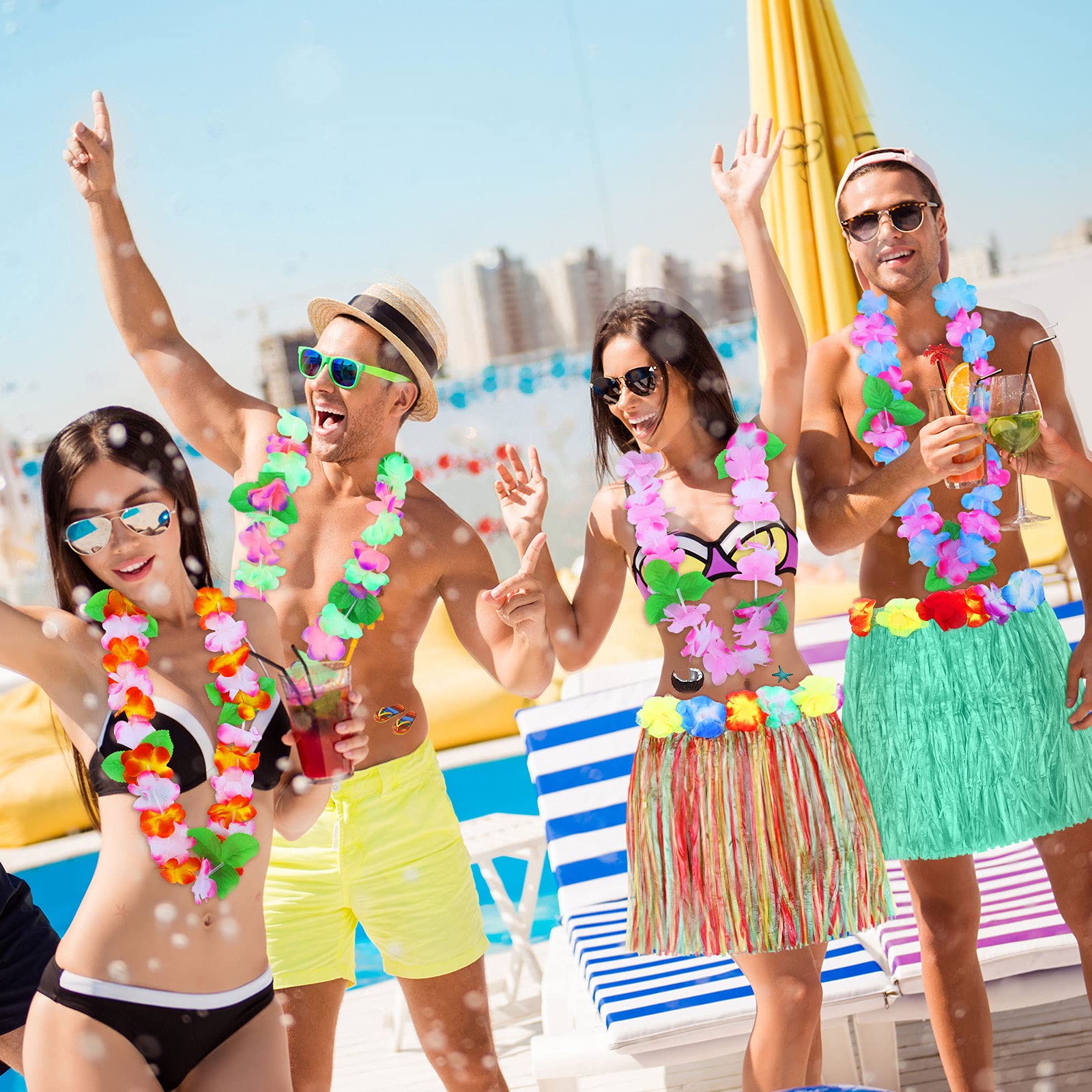 Elcoho 24 Pack Hawaiian Leis Set 8 Pack Hawaiian Grass Skirt 8 Pack Hawaiian Necklaces and 8 Pack Luau Temporary Tattoos for Hawaiian Party Decorations