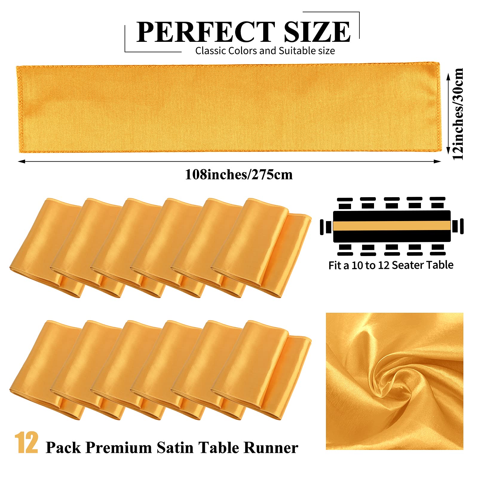 12 Pack Gold Satin Table Runner,12 x 108 inch Long Premium Smooth Table Runner for Wedding, Banquets, Birthday, Party, Graduation, Engagements, Table Runners fit Rectangle and Round Table