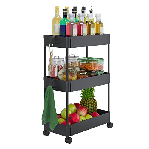 Boeeoan 3 Tier Rolling Utility Storage Cart, Mobile Shelving Organizer with Hooks for Kitchen Bathroom Laundry Room Living Room, Black