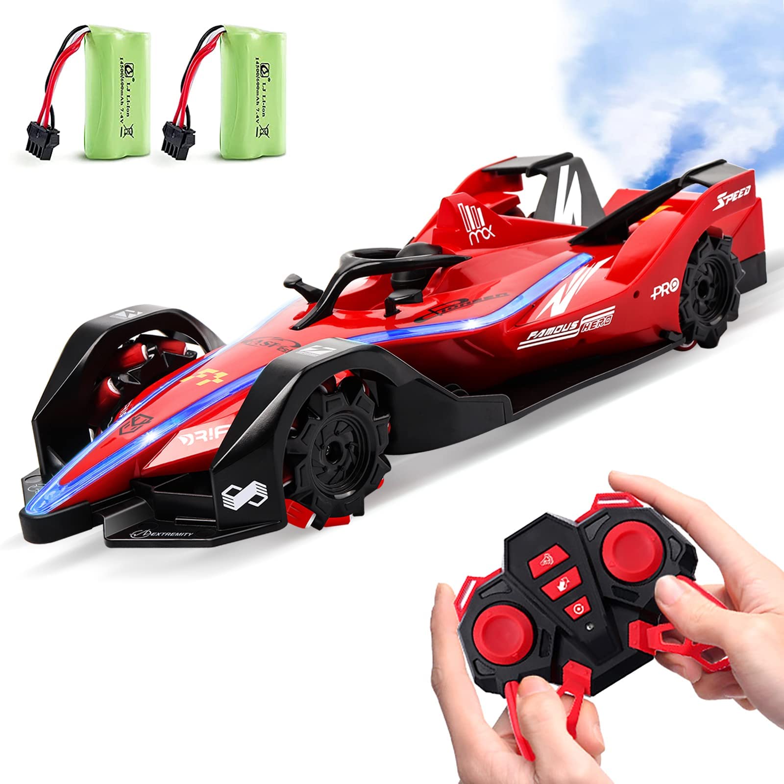 Agekub F1 Remote Control Car Drift RC Stunt Car for Kids 360Β°Rotating 2.4GHz Race Car Lights Music Spray Hand RC Car Gift for Boy Kids with 2 Batteries
