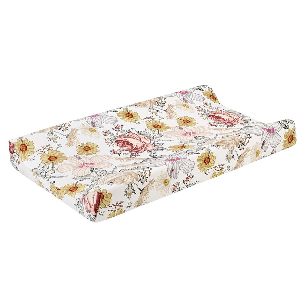 Diaper Changing Pad Cover, 2 Pack, Floral Changing Table Cover, Green Leaf Changing Pad Covers, Jersey Knit Changing Table Sheets, Gender Neutral Crib Bedding Covers for Baby Boy Girl