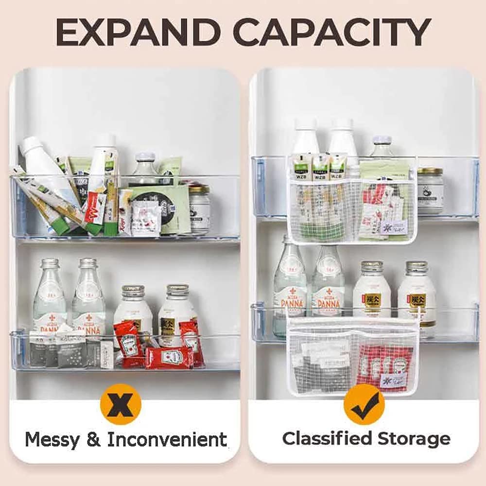 2 Pack Refrigerator Storage Bag Tidy Hanging Mesh Bags,Refrigerator Door Organizer Set, Two Grids Hanging Household Kitchen Tidy Seasoning Organizer With Hook Fridge Organizer Pocket (White)