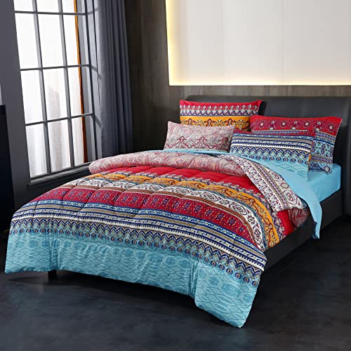Bohemian Bed in a Bag 7 Pieces Full Size, Colorful Boho Style Red and Blue Printed, Reversible Comforter Set (1 Comforter, 1 Flat Sheet, 1 Fitted Sheet, 2 Pillow Shams, 2 Pillowcases) (Full, A)