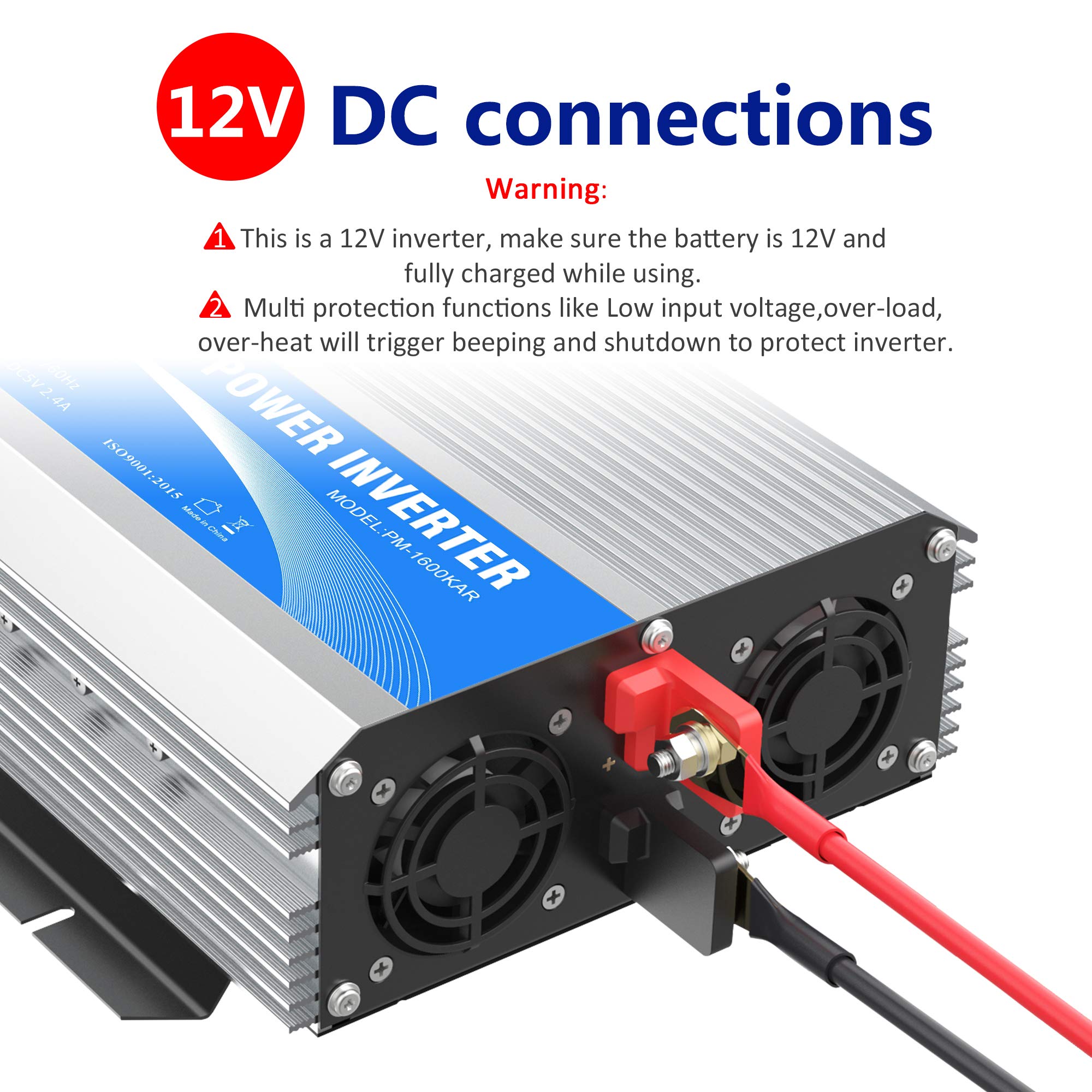 1600Watt Power Inverter Modified Wave DC 12volt to AC 120volt with Remote Control & LED Display and 2.4A USB Port for Trucks Boats RV & Emergency