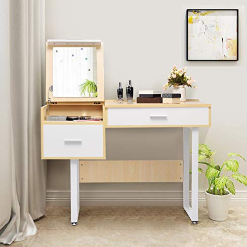 CHARMAID Makeup Table Writing Desk with Flip Top Mirror, Vanity Table with 5 Storage Compartments, Dressing Table Computer Laptop Desk with 2 Large Drawers for Students Girls Women